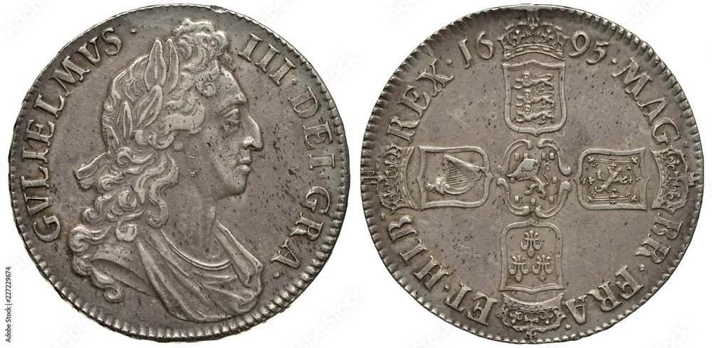 Poster Great Britain British silver coin 1 one crown 1695, bust of King ...