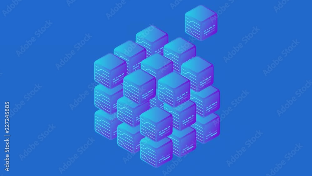 Blockchain Technology Isometric flat seamless looping animated concept. Moving Hi tech Block ...