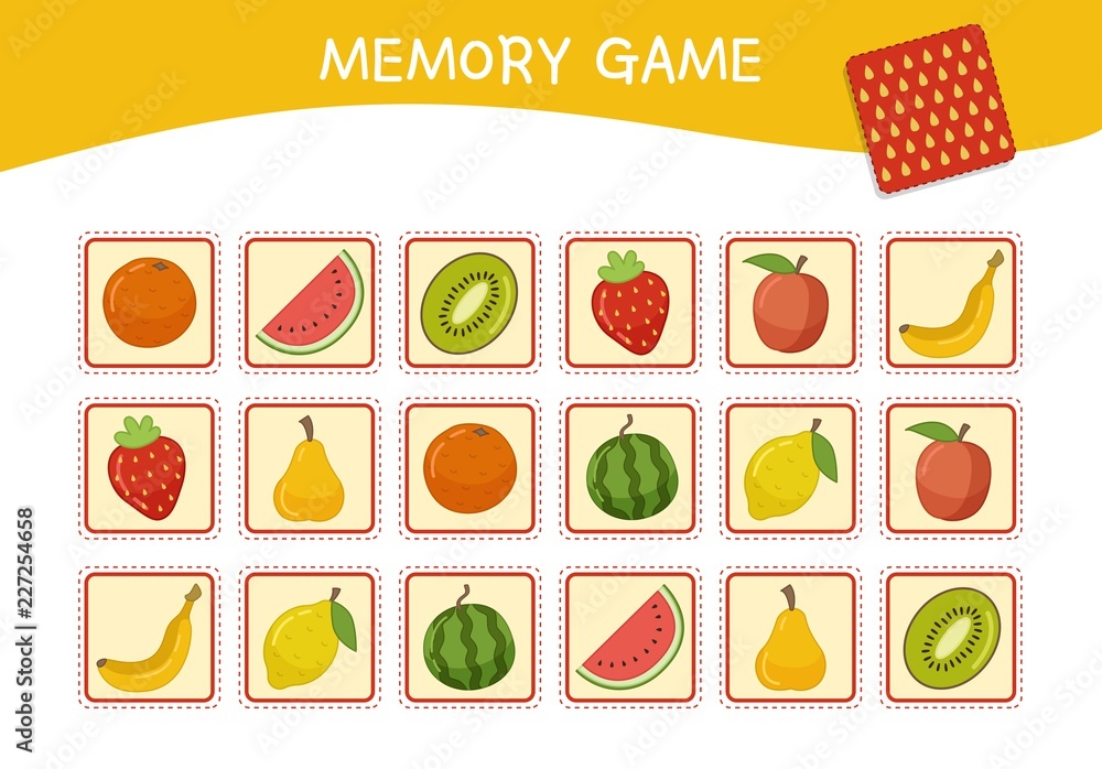 Memory game for preschool children, vector cards with cartoon fruits ...