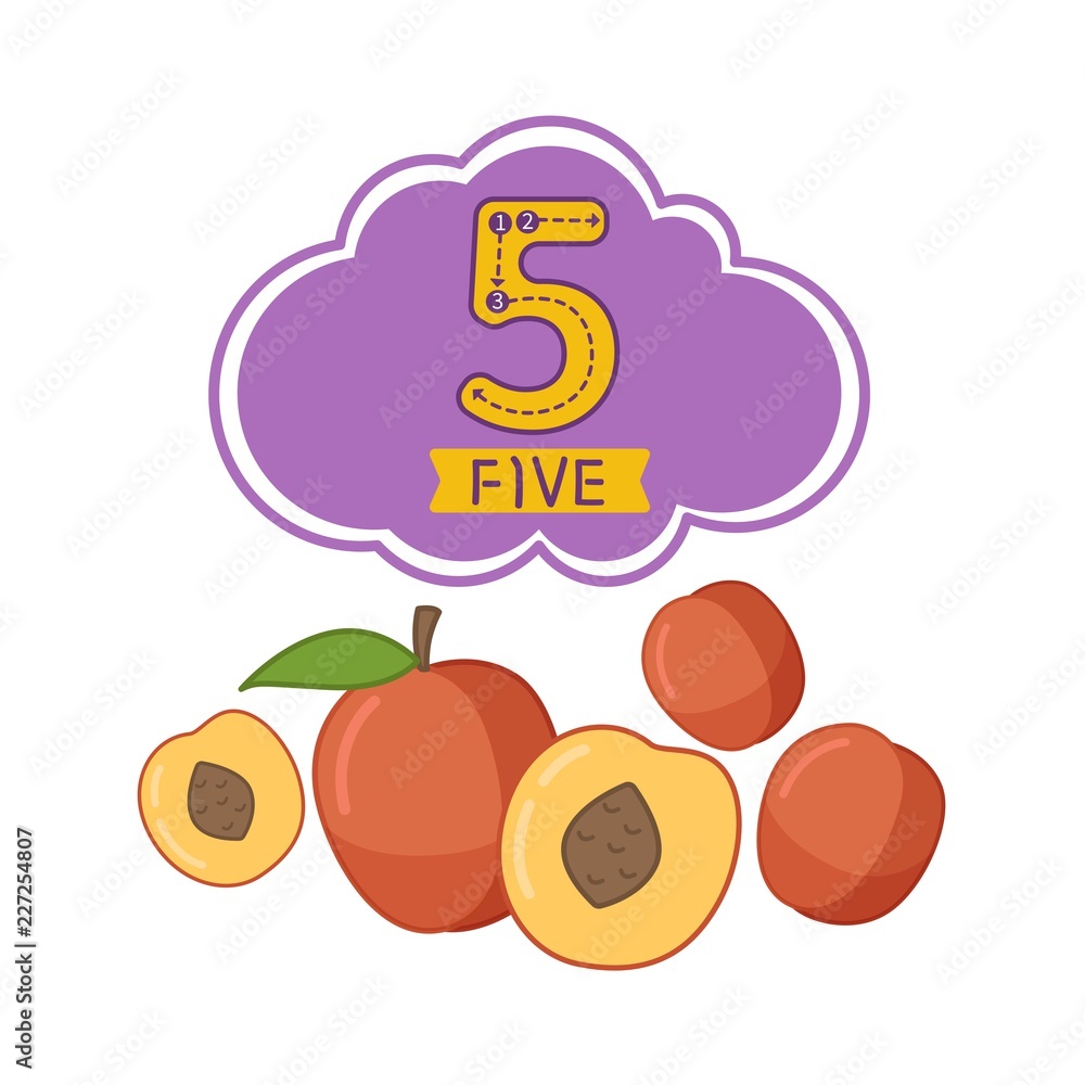 Kids learning material. Card for learning numbers. Number 5. Cartoon ...