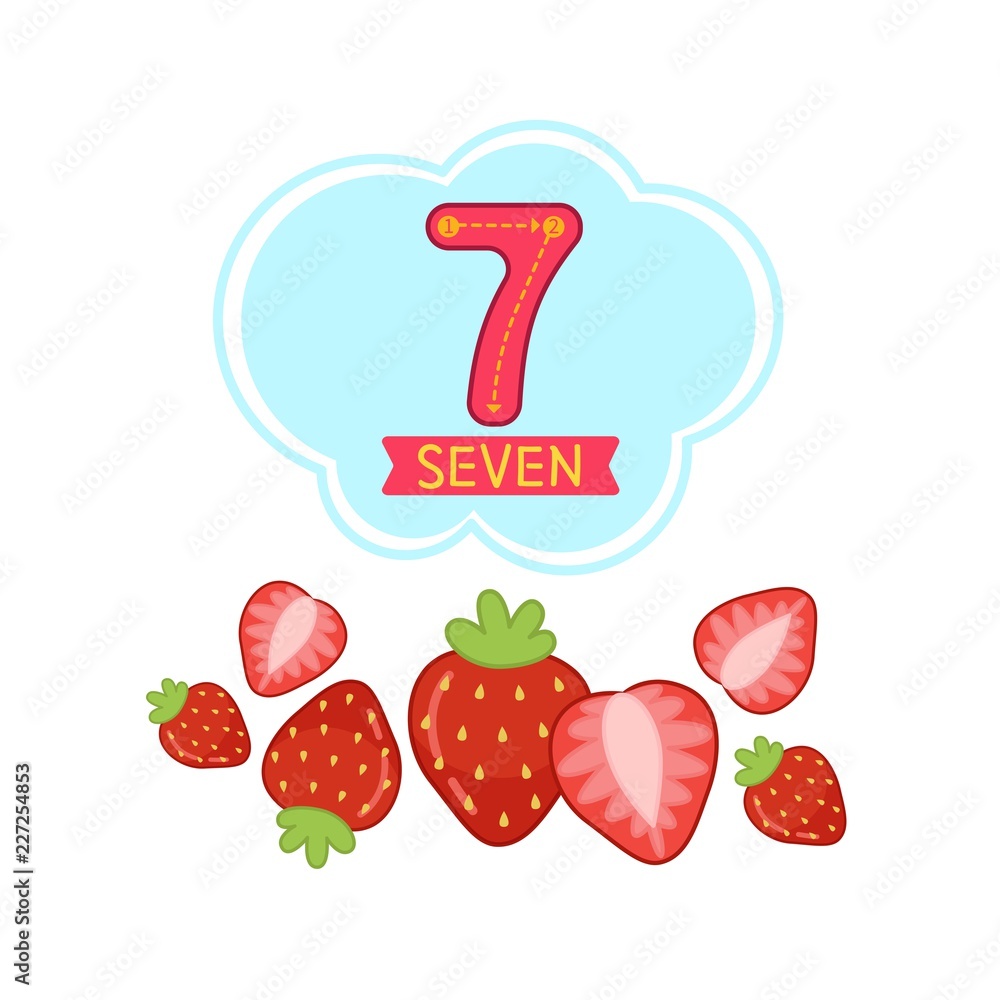 Kids learning material. Card for learning numbers. Number 7. Cartoon ...
