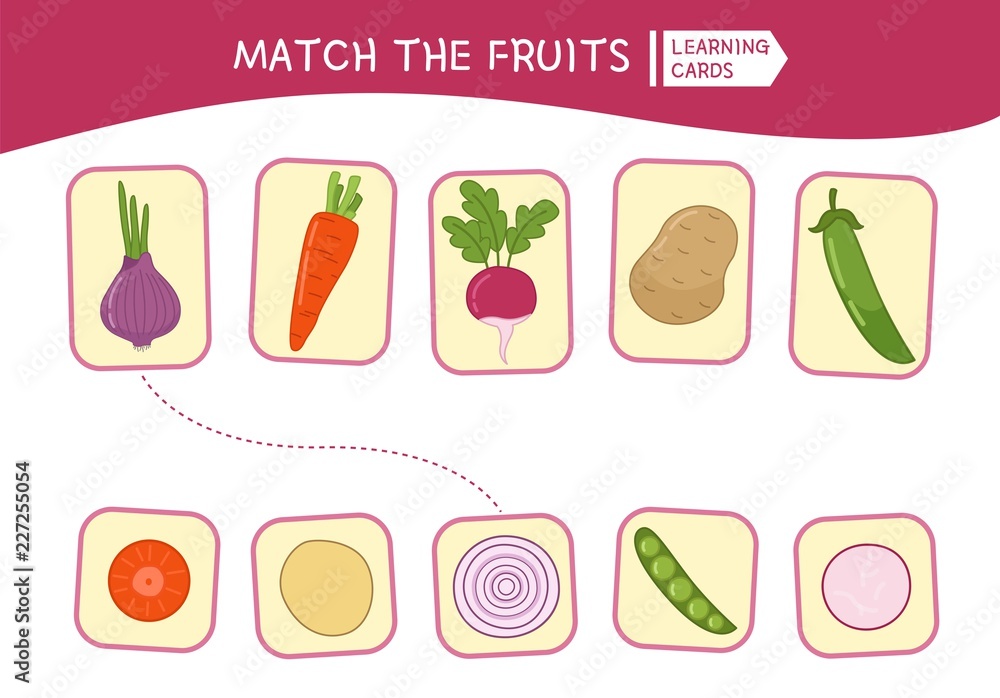 Matching children educational game. Match parts of cartoon vegetables ...