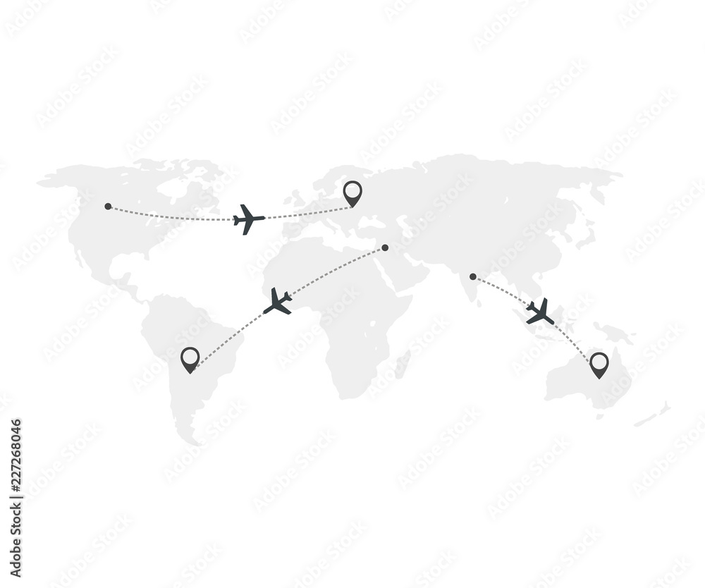 Airplane line path vector icons of air plane flight routes with start ...