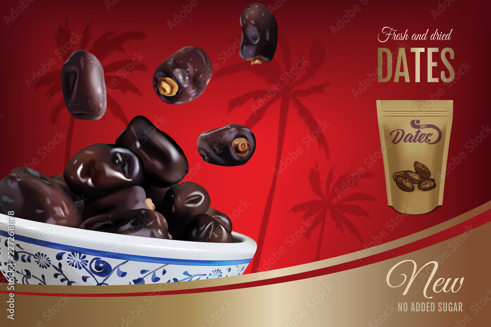 Dried dates ads. Vector realistic illustration of dried dates in a bowl ...