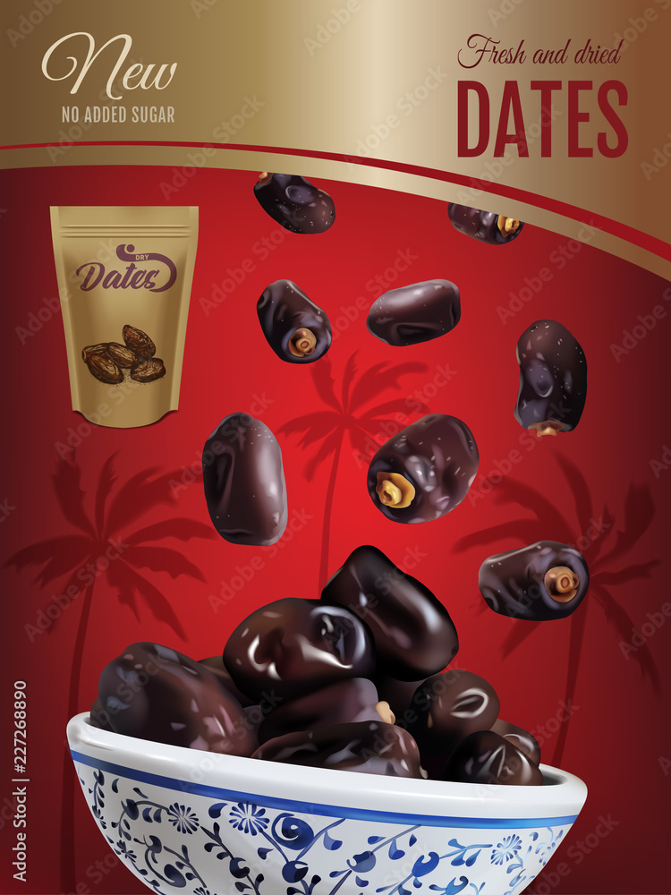 Dried dates ads. Vector realistic illustration of dried dates in a bowl ...