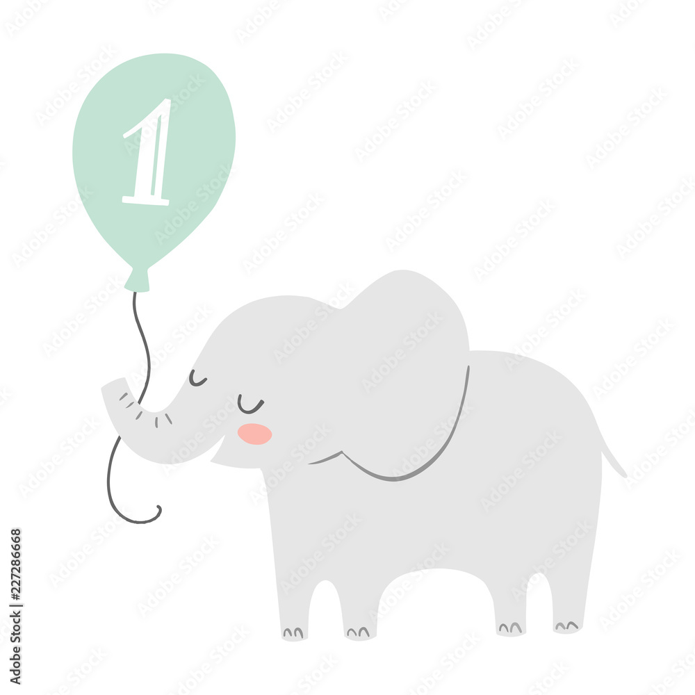 Cute elephant holding a balloon with number one on it. Illustration for ...