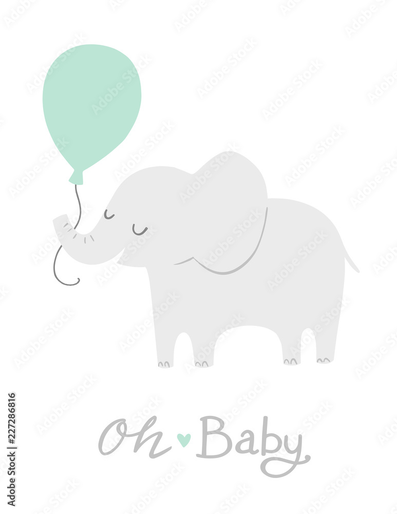 Baby shower elephant with a mint green balloon and Oh Baby lettering ...