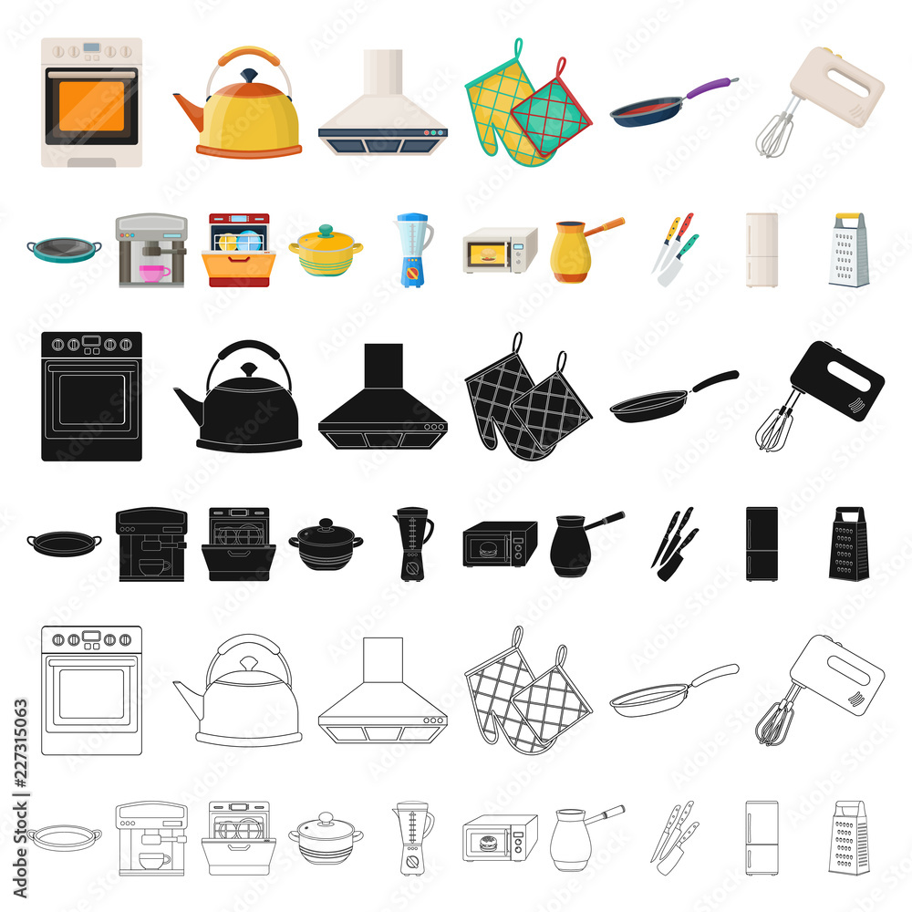 Kitchen equipment cartoon icons in set collection for design. Kitchen ...