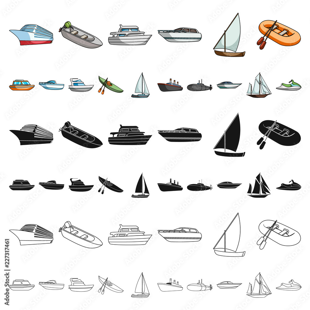 Water and sea transport cartoon icons in set collection for design. A ...