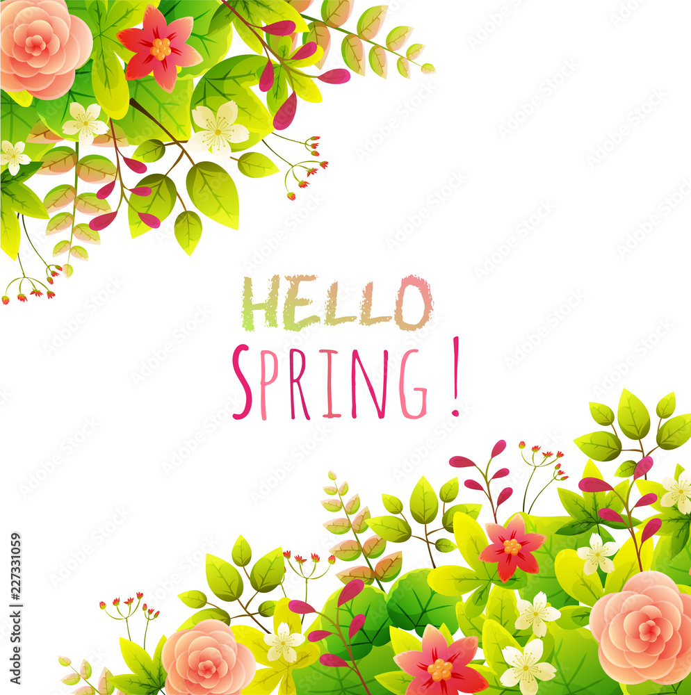 Floral frame. Spring flowers in a border of green foliage with pink ...