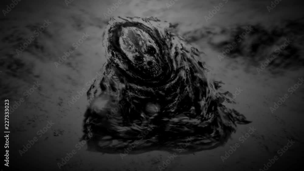 Dark monk mummy sits in ruins on snow. 2D animation in horror fantasy ...