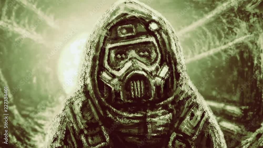 Man in protective suit and gas mask. Infection area. Sci-fi 2d ...