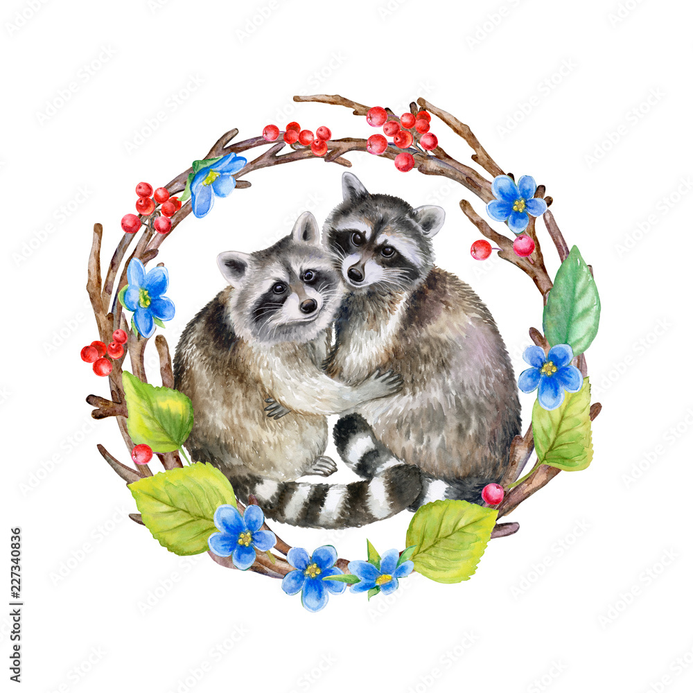 Raccoons embrace in a floral frame in a ring, wreath. Lovely loving ...