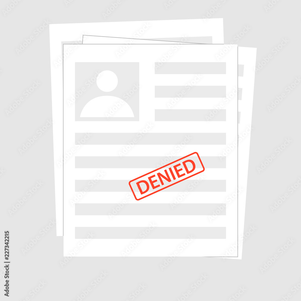 Denied reject document with stamp. Grey application concepts. Top view ...
