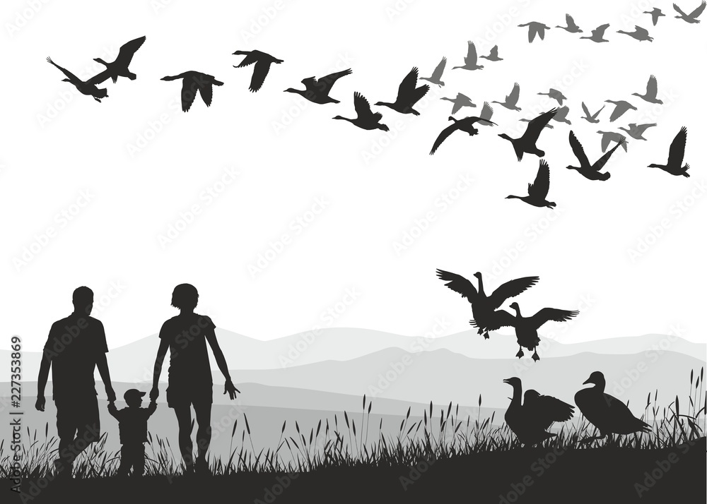 Young family and geese at the beginning of migration Stock Vector ...
