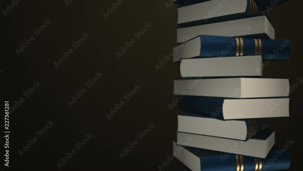 Animation rotation of stack of old books in library or home with flying ...