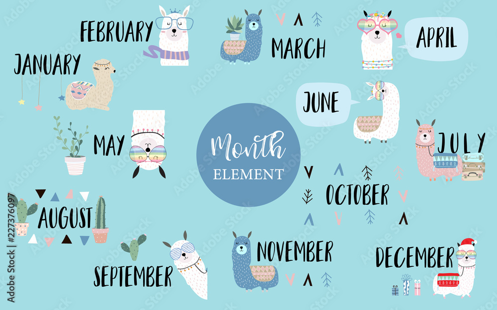 Blue hand drawn month element with llama, heart glasses and cactus ...