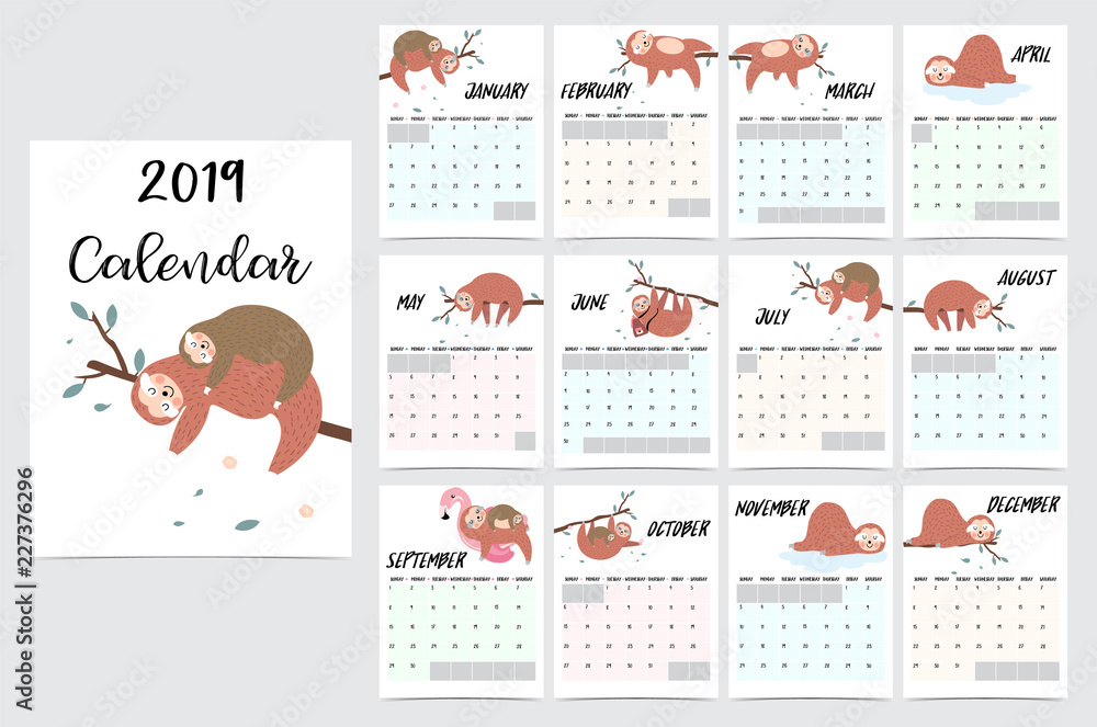 Cute monthly calendar 2019 with sloth, tree, bear for children.Can be ...