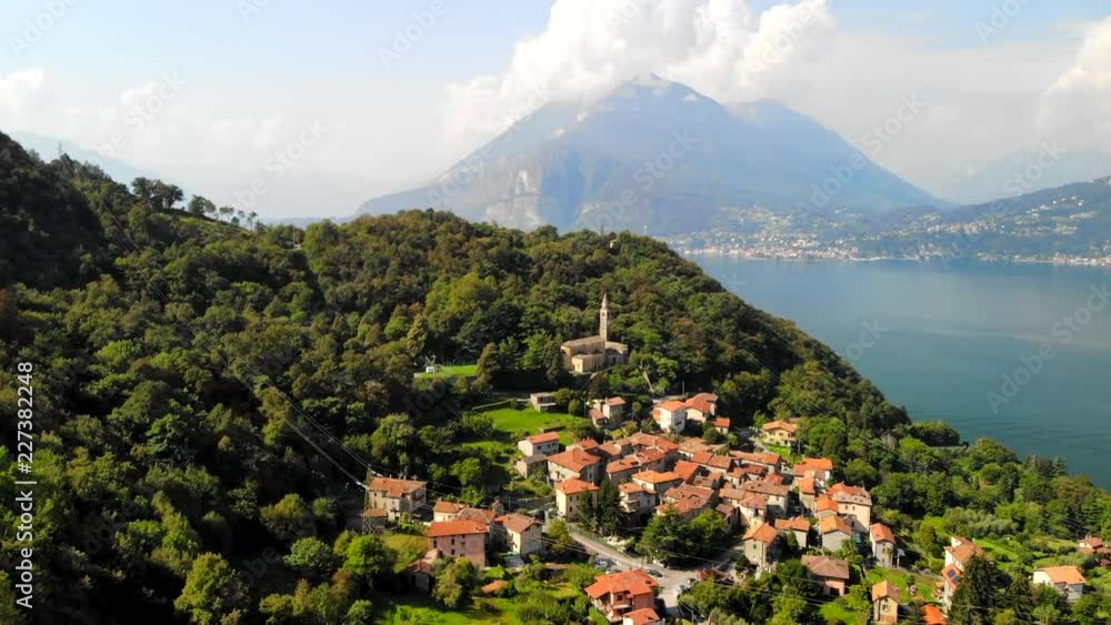 Drone shot of Italian village in Perledo, Italy, near Lake Como and ...