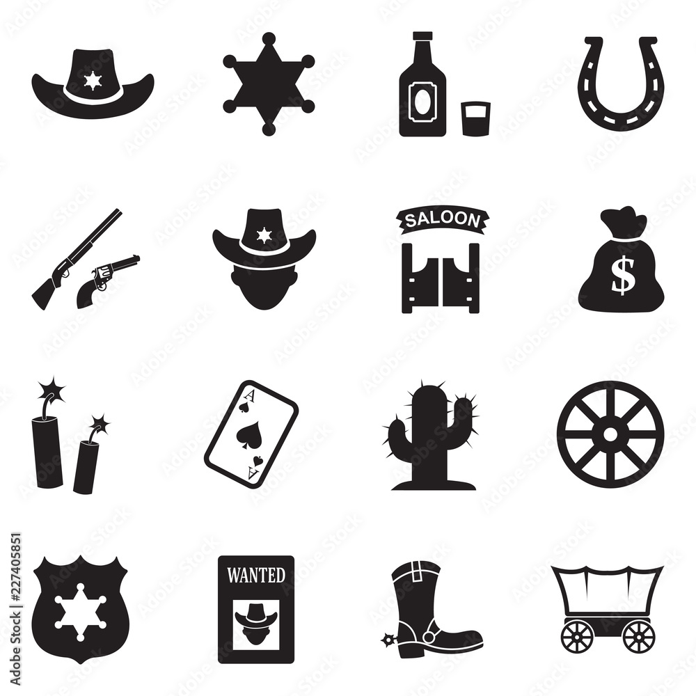Cowboy Icons. Black Flat Design. Vector Illustration. Stock Vector ...