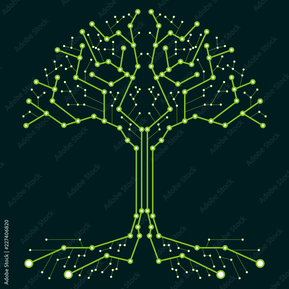 Technological tree in the form of a printed circuit board. Black and ...