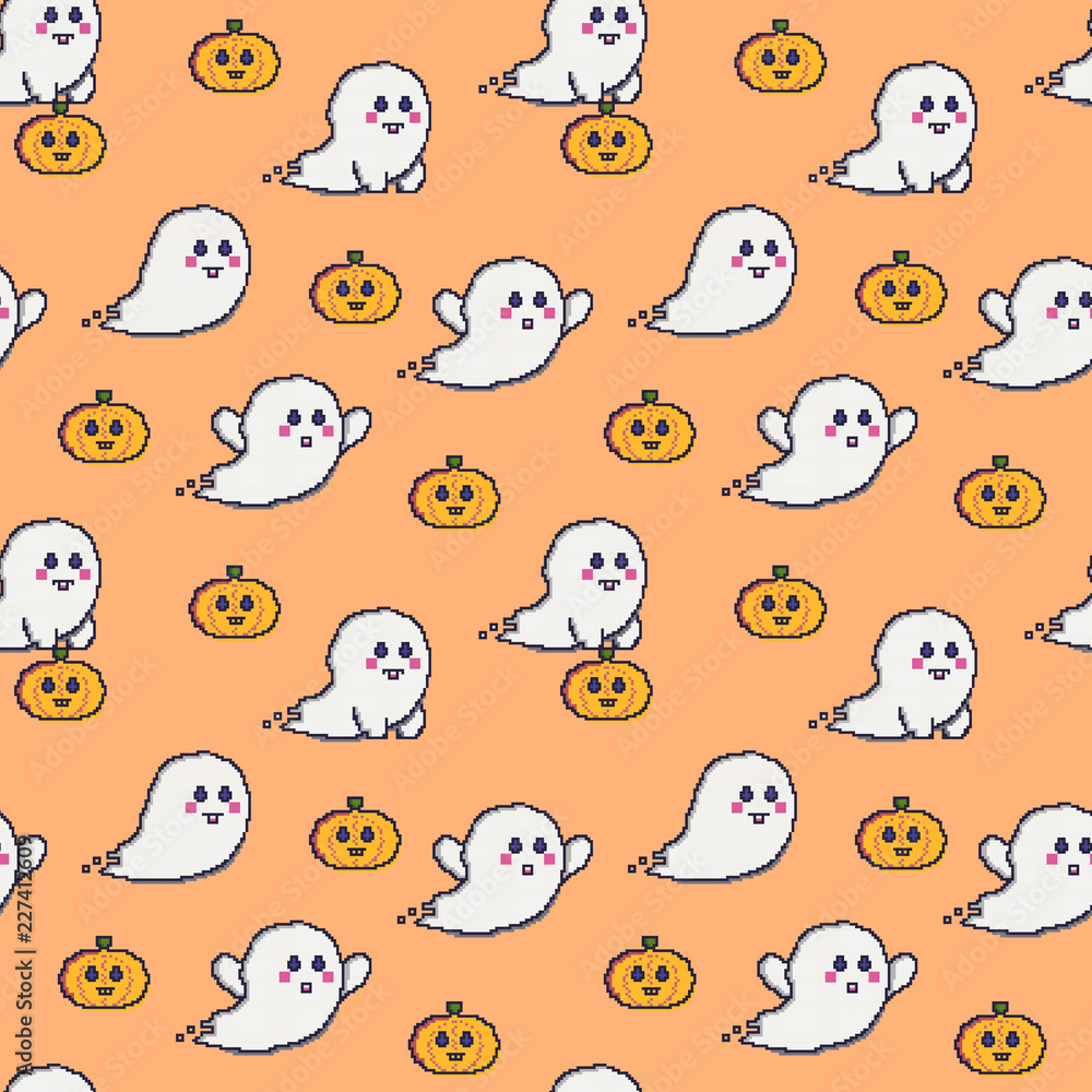 Cute ghost. Pixel art. Seamless pattern. Vector illustration. Stock ...