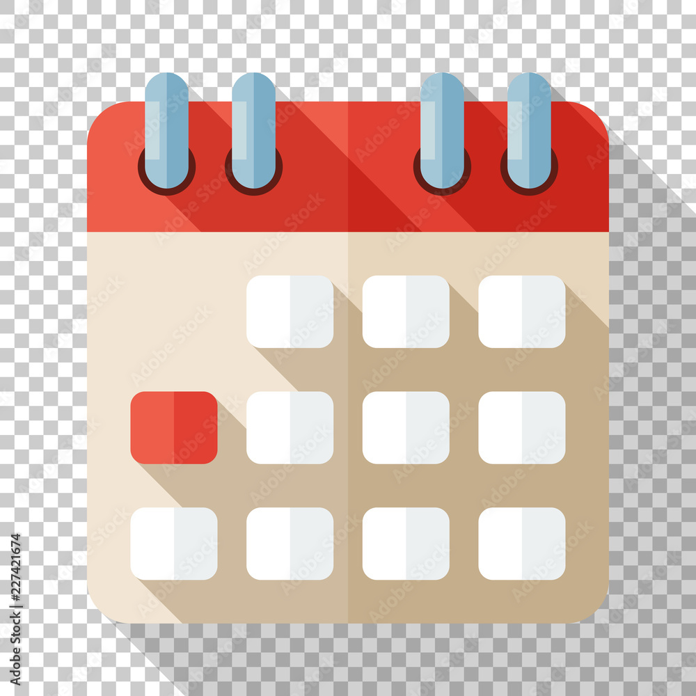 Calendar icon in a flat style with a long shadow on a transparent ...