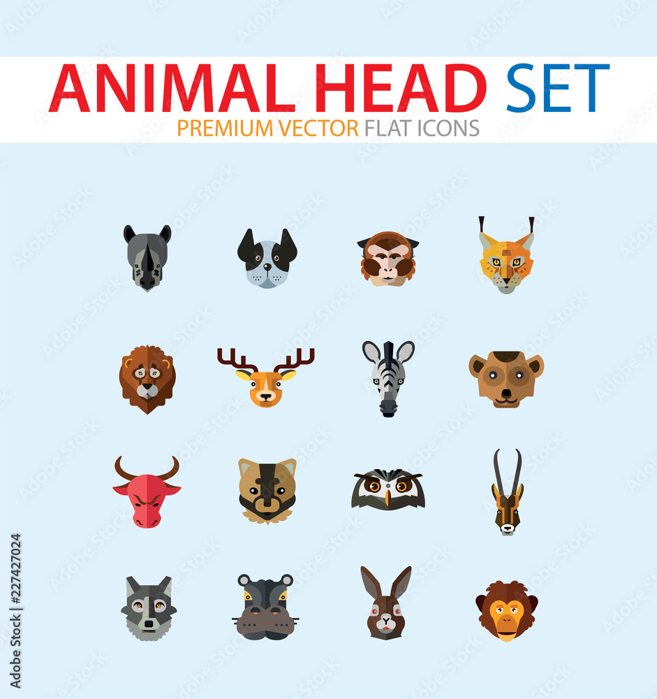 Animal head vector icon set. Cute wild cartoon animals, bear, monkey ...