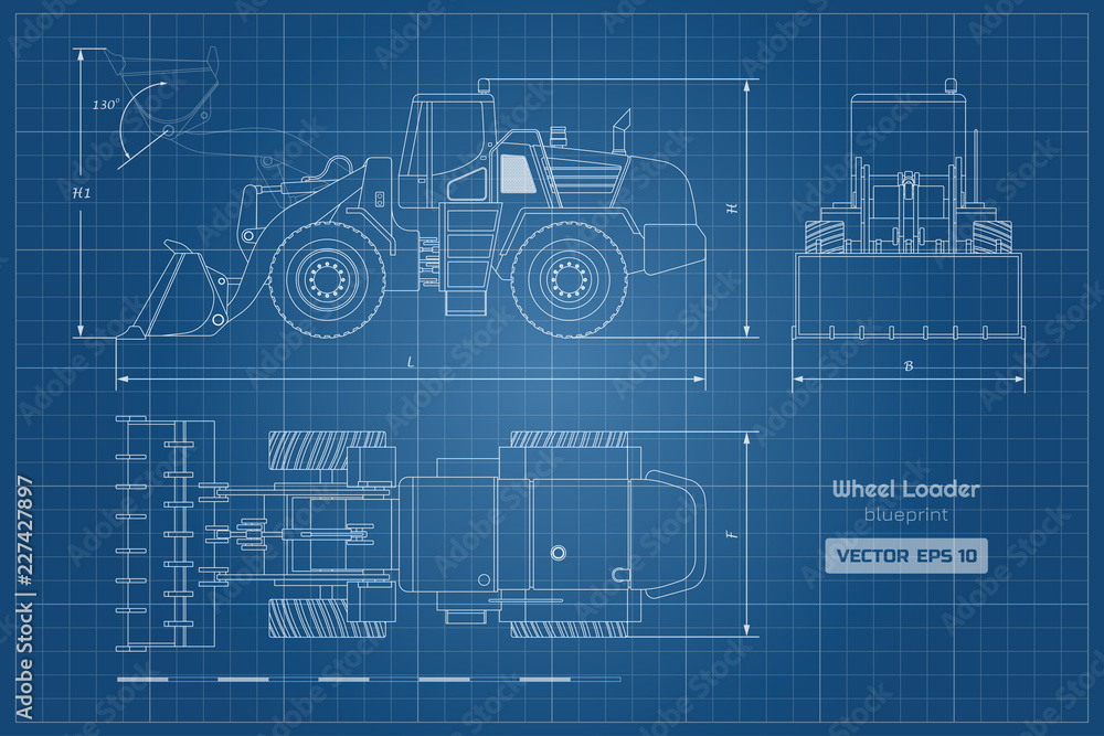 Blueprint of wheel loader. Top, side and front view. Diesel digger ...