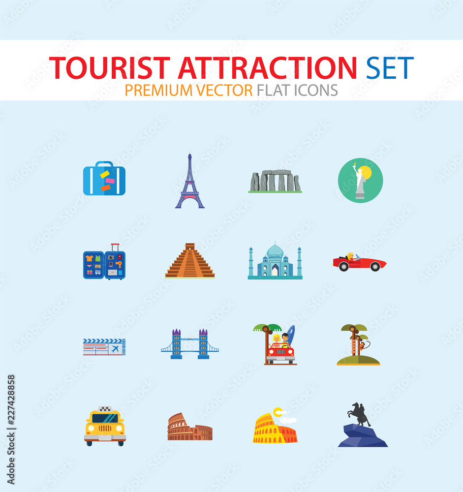 Tourist attraction icons set. Thirteen vector icons of Eiffel Tower ...