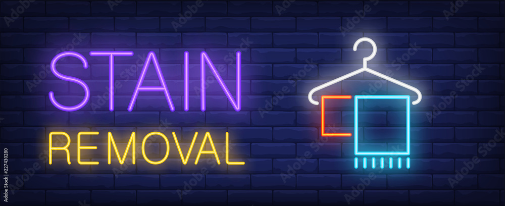 Stain removal neon sign. Hanger with towels. Laundry, cleaning service ...