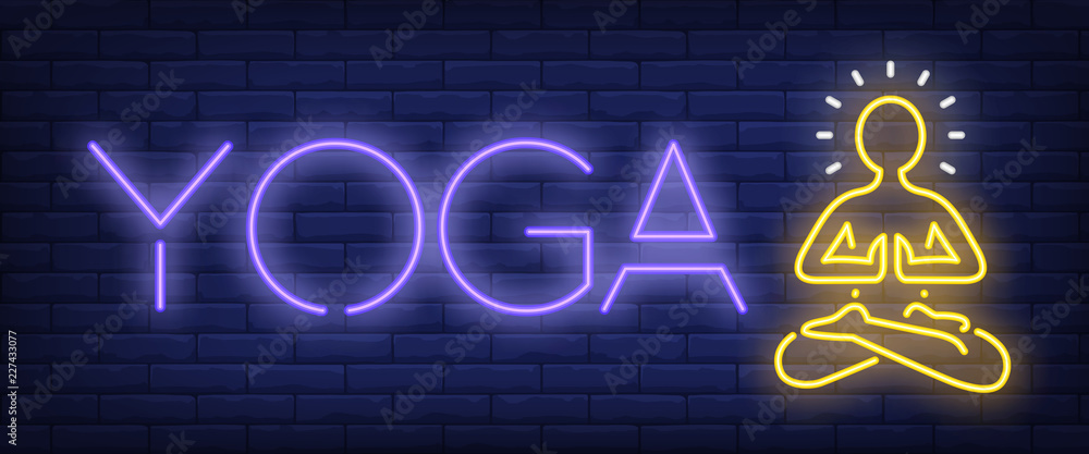 Yoga neon sign. Meditating person on brick wall background. Vector ...