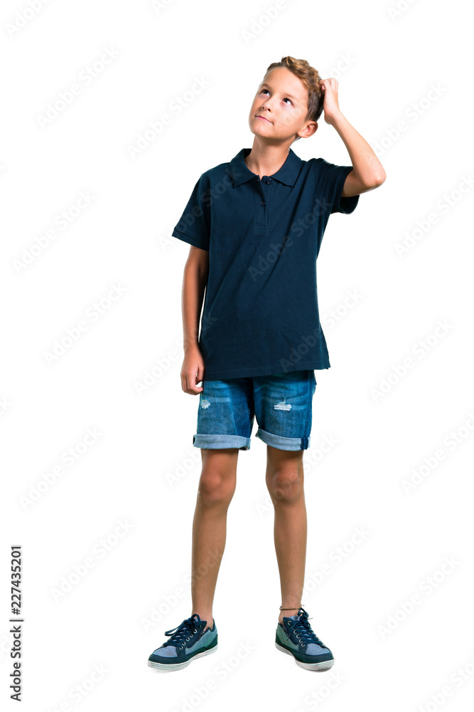 Full body of Little boy standing and thinking an idea on white ...