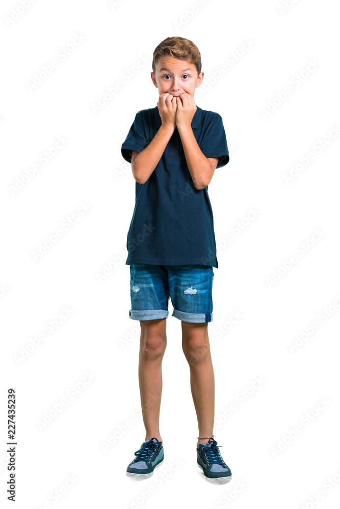 Full body of Little boy is a little bit nervous and scared on white background Stock Photo ...