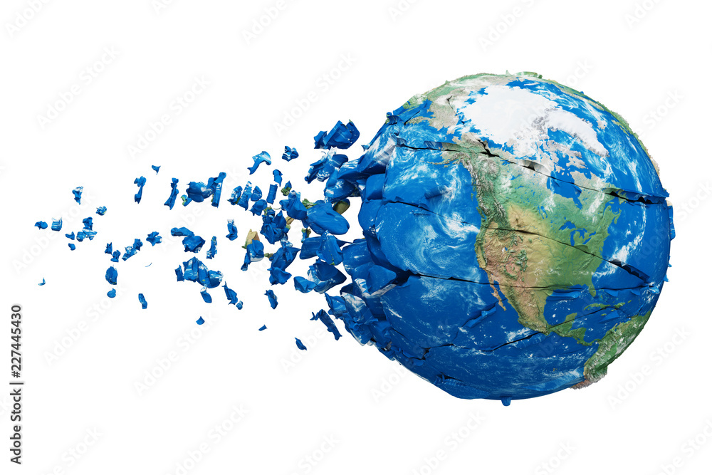 Broken shattered planet earth globe isolated on white background. Blue ...