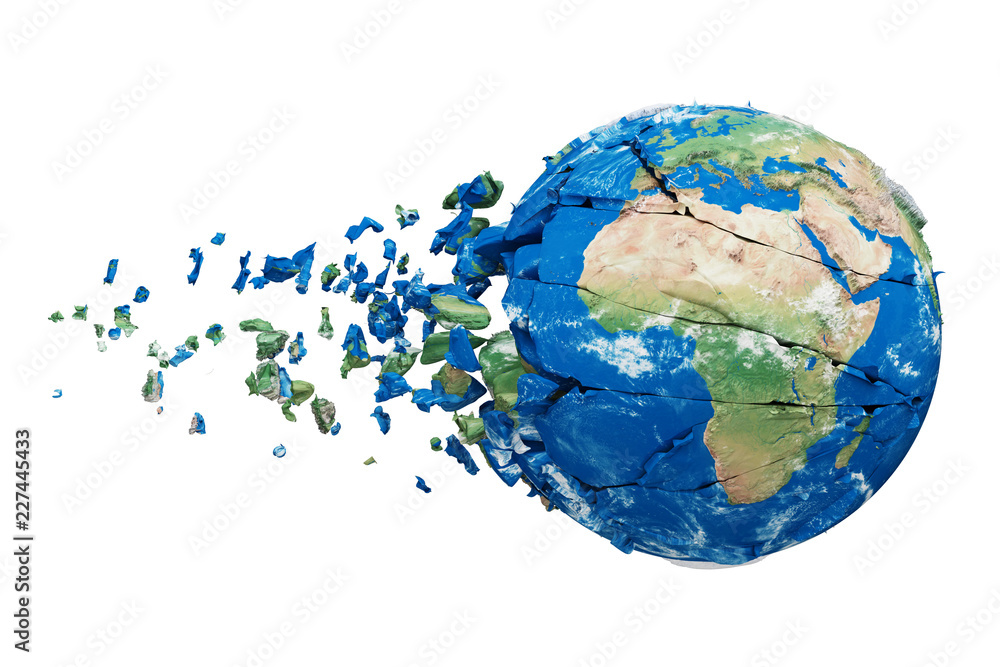 Broken shattered planet earth globe isolated on white background. Blue ...
