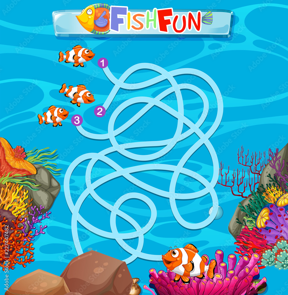 Underwater fish maze game template Stock Vector | Adobe Stock