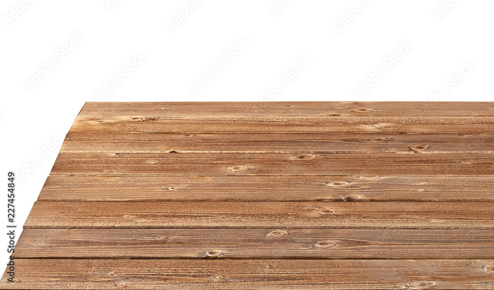 Perspective view of empty wooden table edge on white background ...