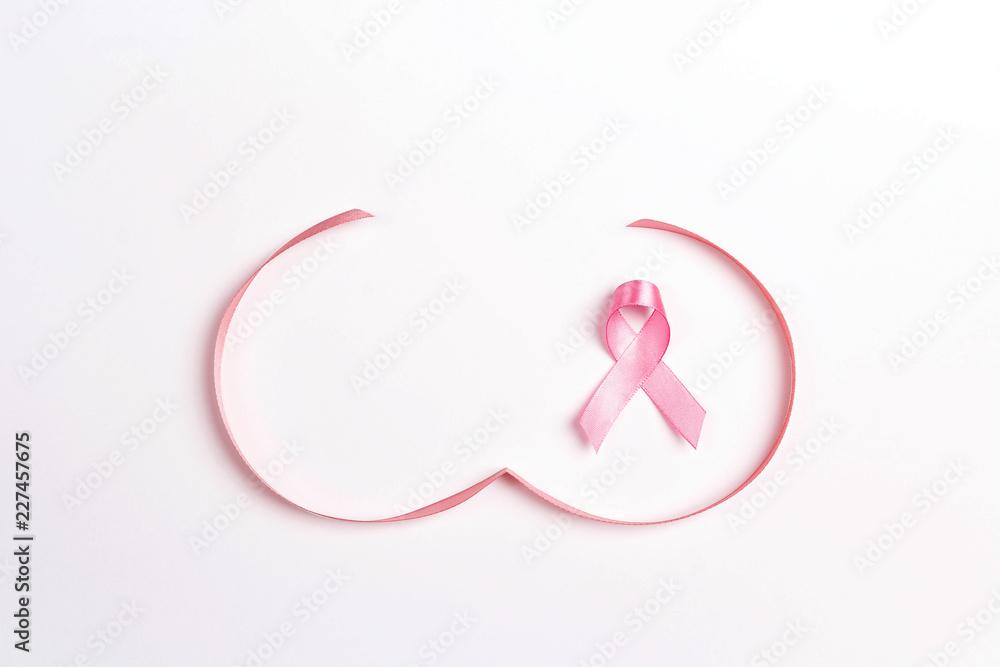Pink ribbon with breast shape symbol on white background. Breast cancer ...