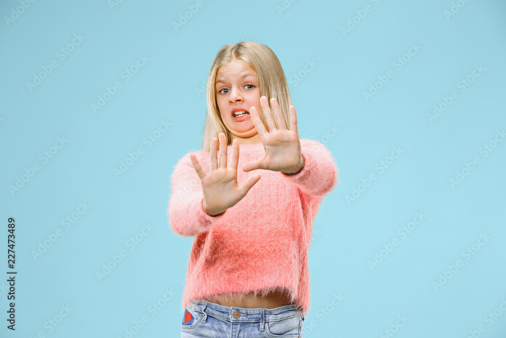 Reject, rejection, doubt concept. Young emotional teen girl at studio ...