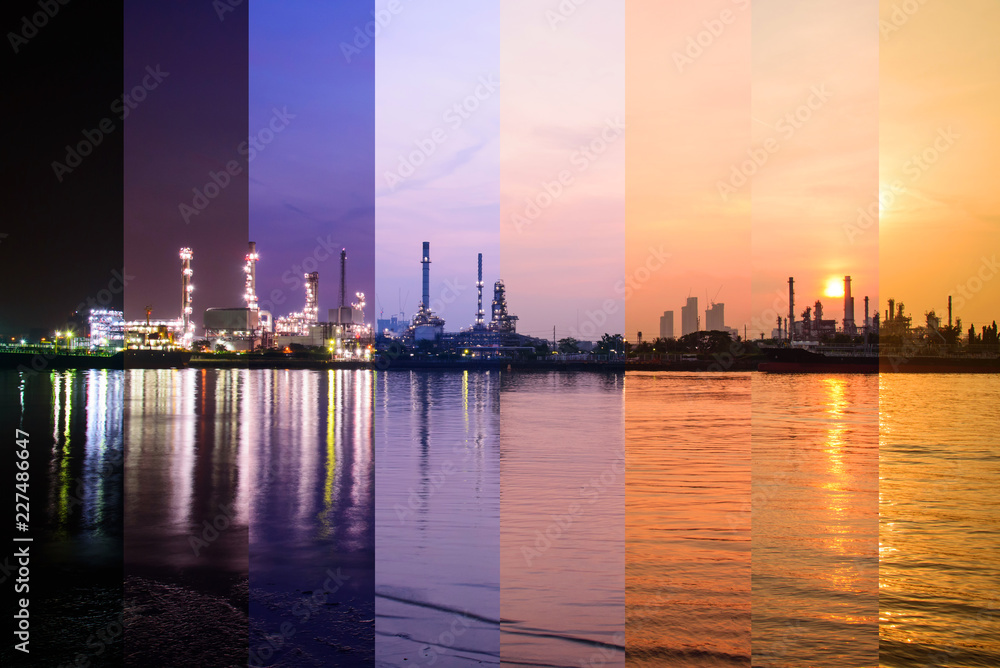 Different shade color Oil refinery at the river in sunrise time / Big ...