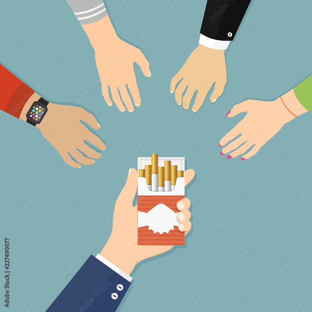 Smoke break flat design concept. People hands are reaching for ...