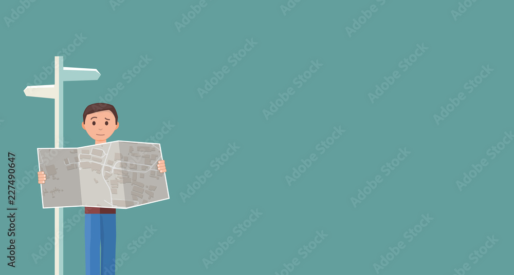 Flat illustrated man reading a map next to a sign post - perfect for a ...