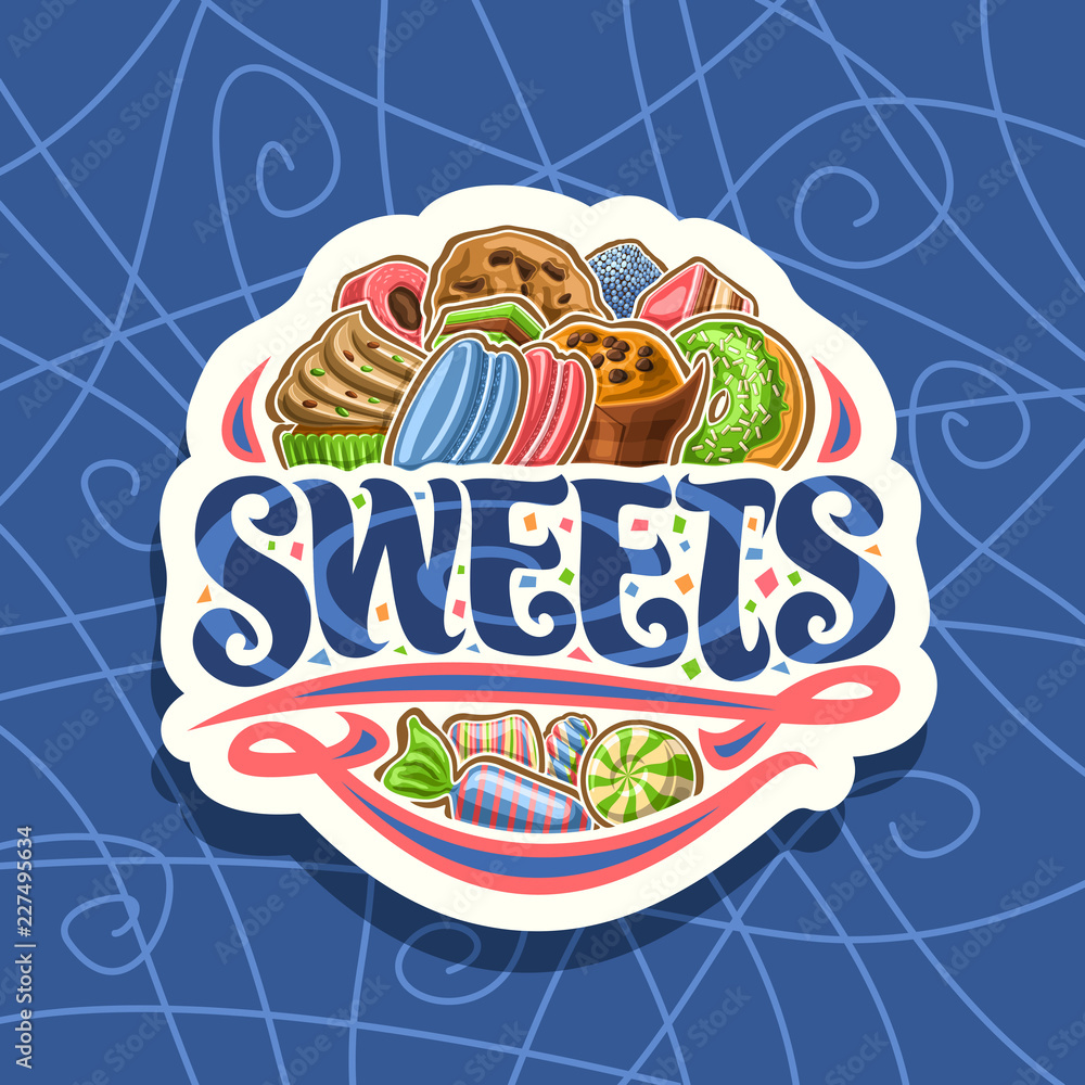 Vector logo for Sweets, cut paper sign with heap of cartoon gourmet ...