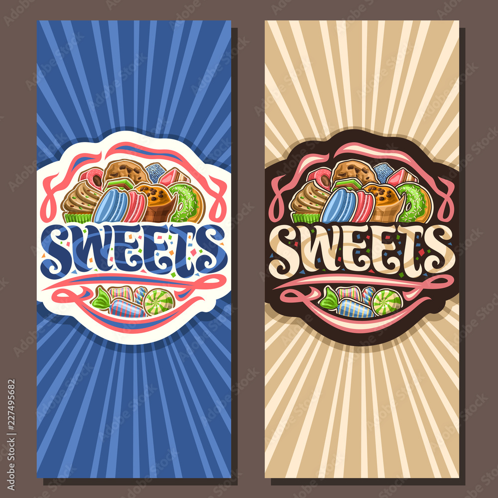 Vector banners for Sweets, leaflets with pile of cartoon gourmet baked ...