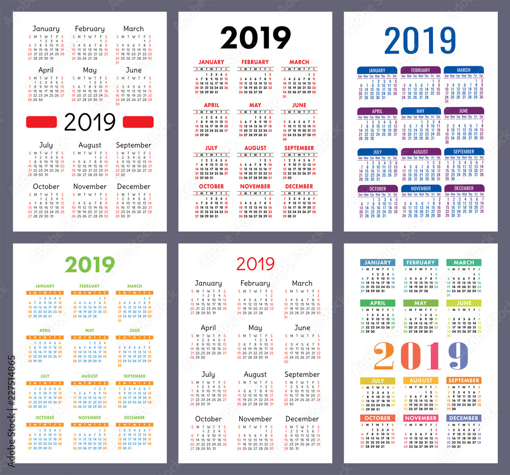 Calendar 2019. Colorful set. Week starts on Sunday. Basic grid. English ...