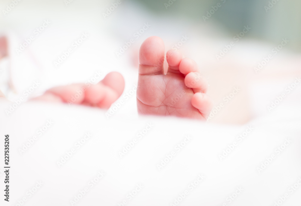 feet and fingers of a newborn baby, with white background out of focus ...