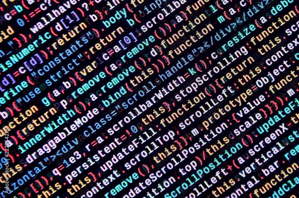 JavaScript code in text editor. Coding cyberspace concept. Screen of ...