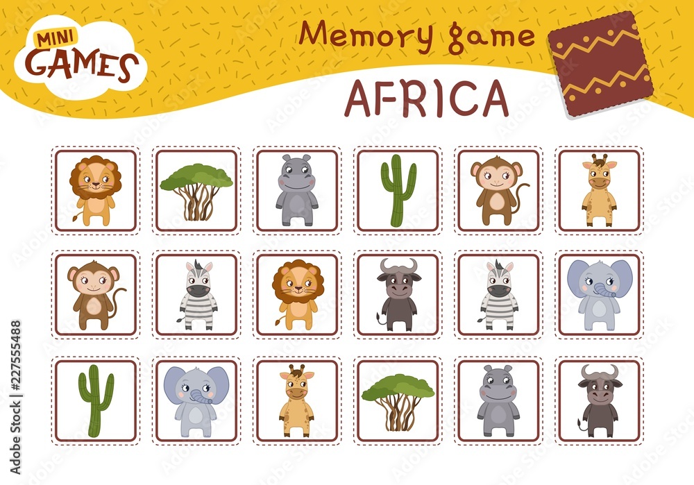 Memory game for preschool children, vector cards with african animals ...