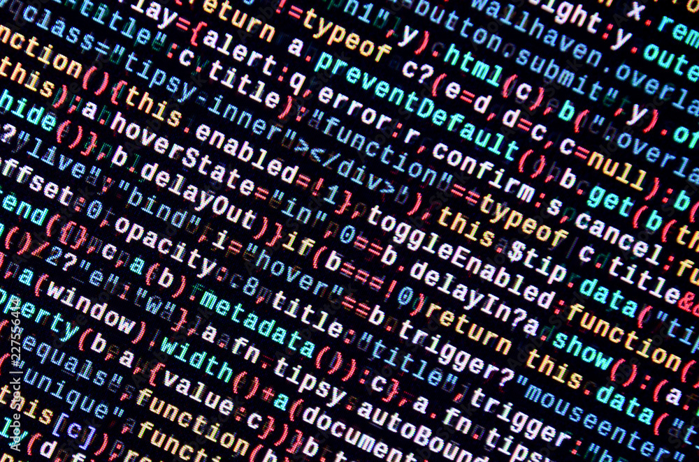 JavaScript code in text editor. Coding cyberspace concept. Screen of ...